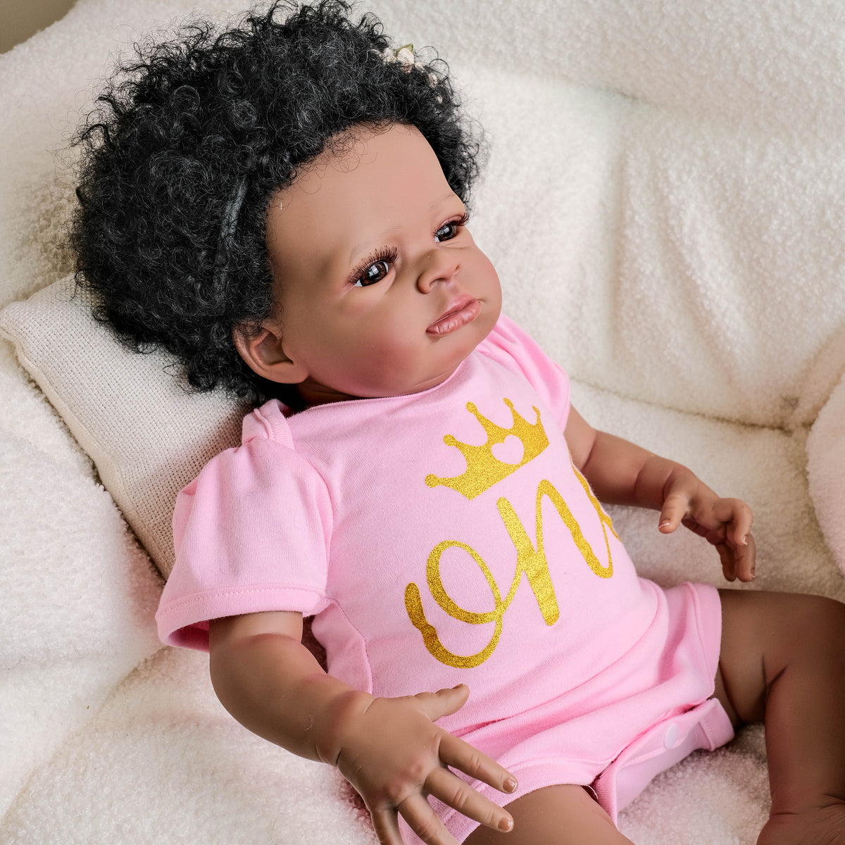 20 inch reborn baby Lanny Brown eyes implanted black curly hair pink s ...