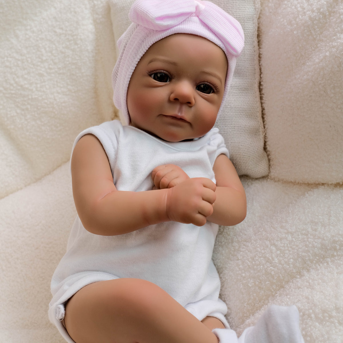 White Halter Romper & Pink Bow Hat Reborn Doll - 19 Inch Dark Skin Clo ...
